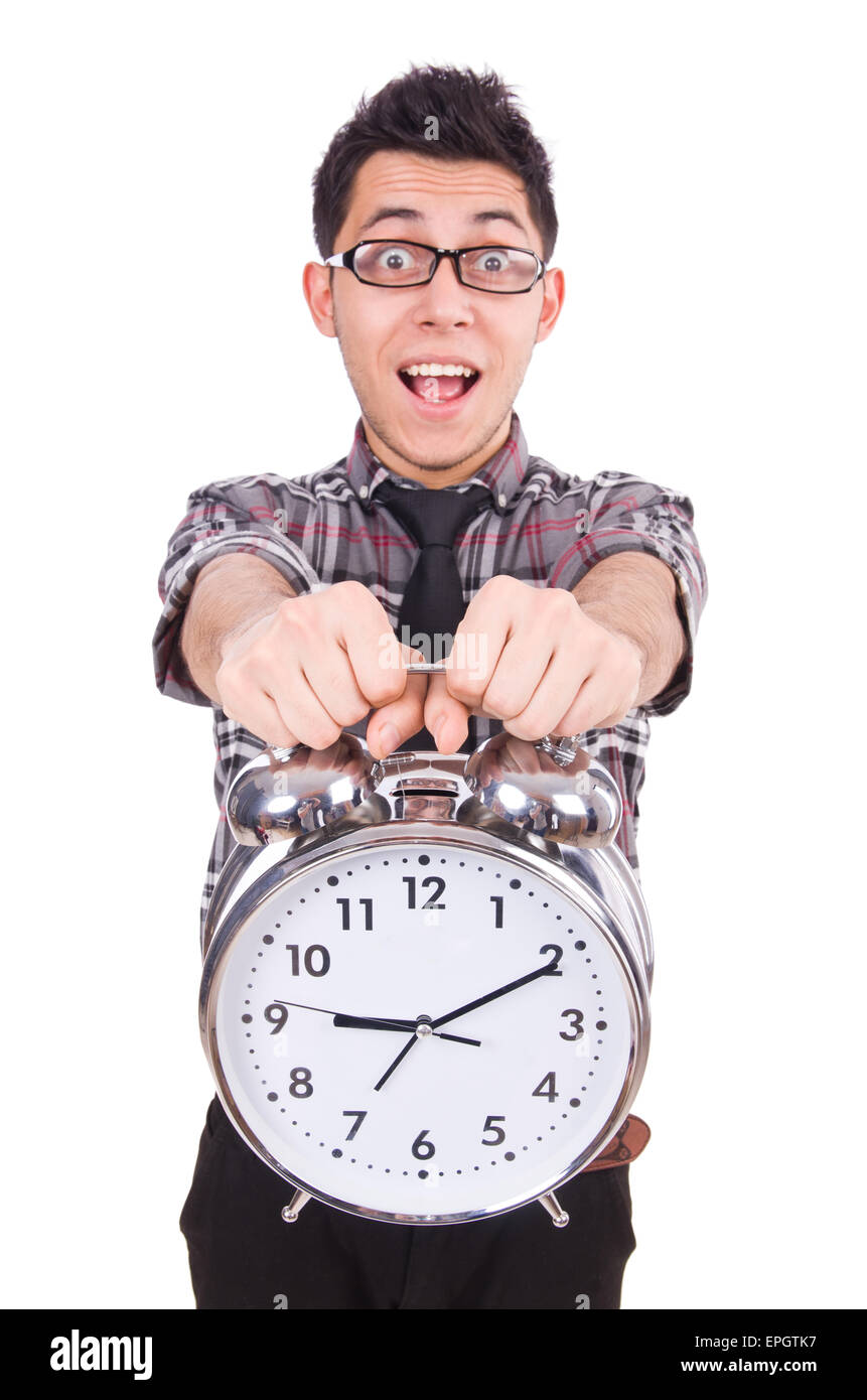 Man with clock trying to meet the deadline isolated on white Stock ...