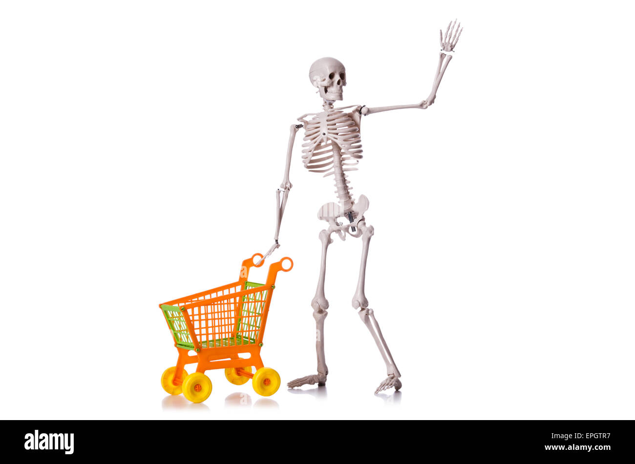 Skeleton with shopping cart trolley isolated on white Stock Photo - Alamy