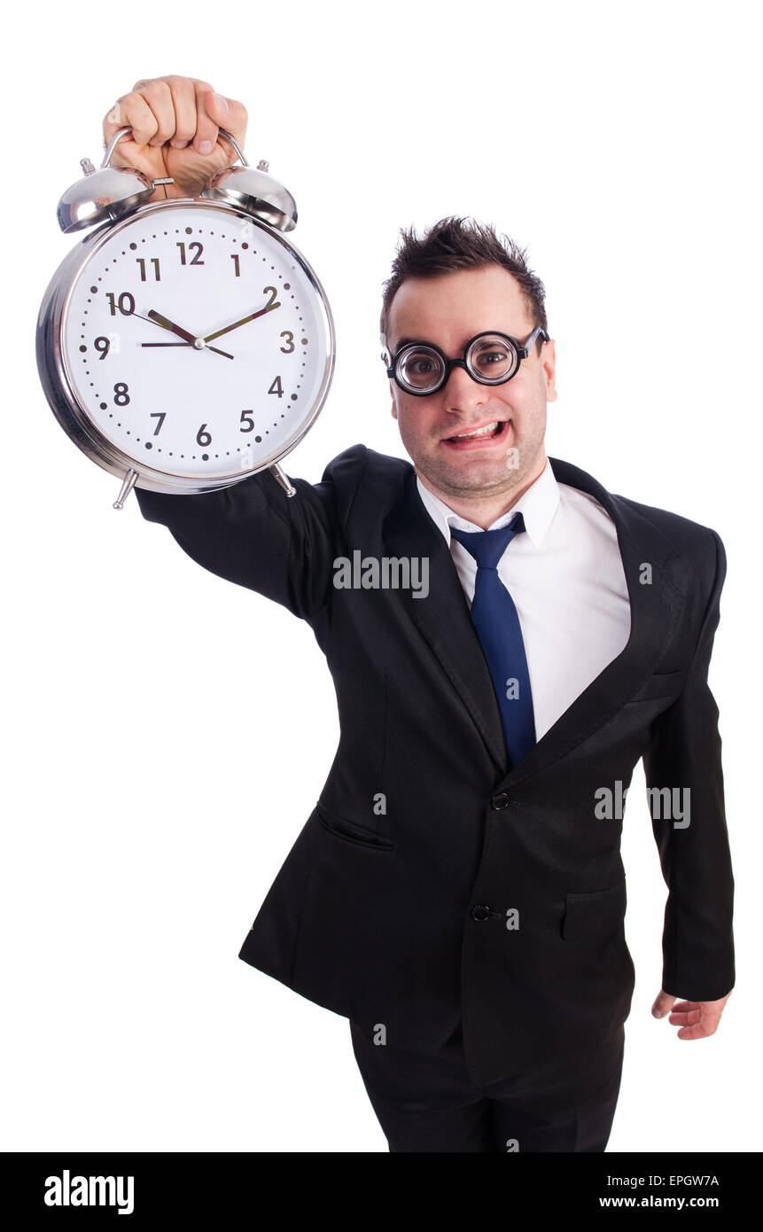 Man with alarm clock isolated on white Stock Photo - Alamy