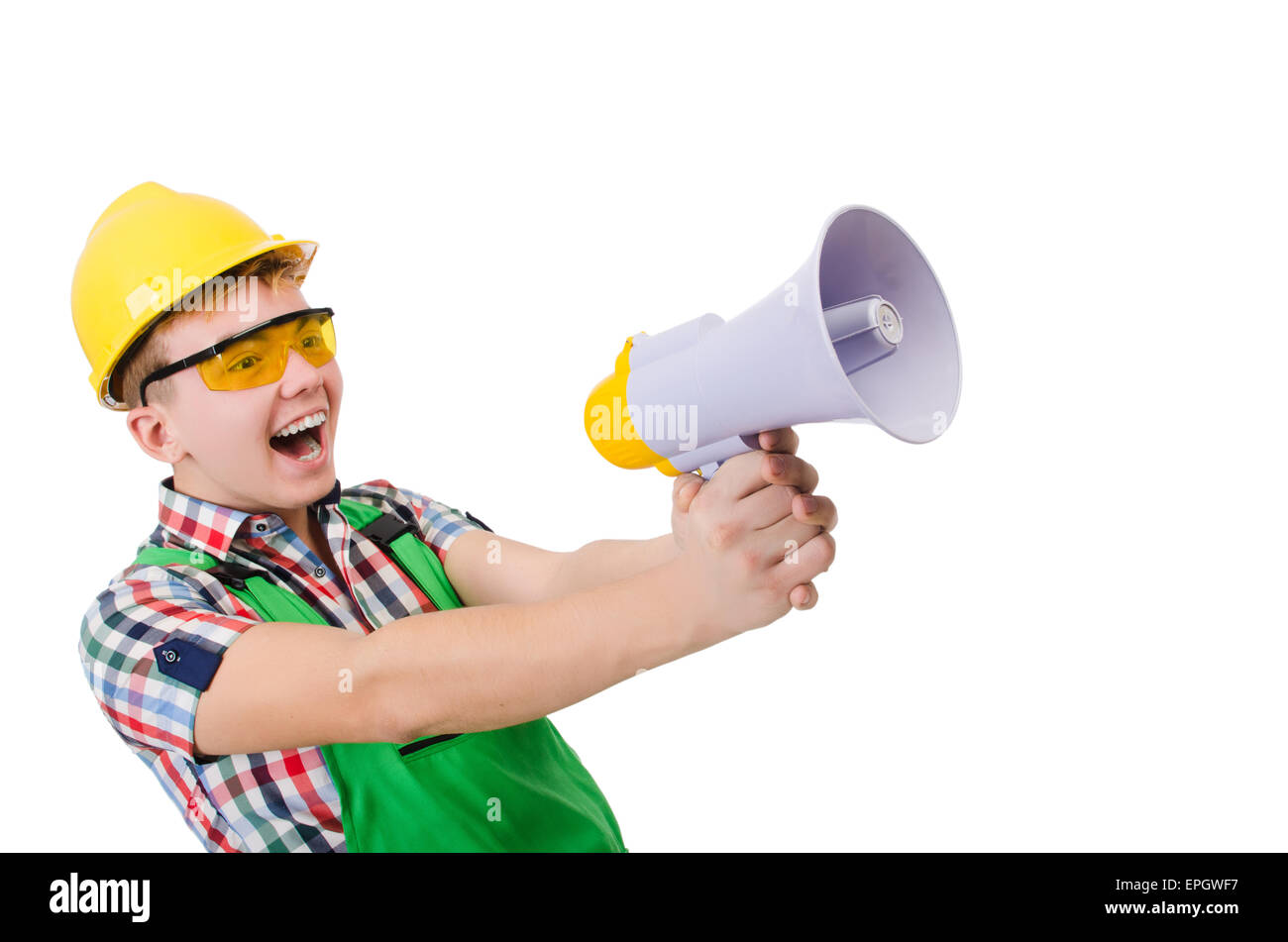 Loudspeaker construction hard hat Cut Out Stock Images & Pictures - Alamy