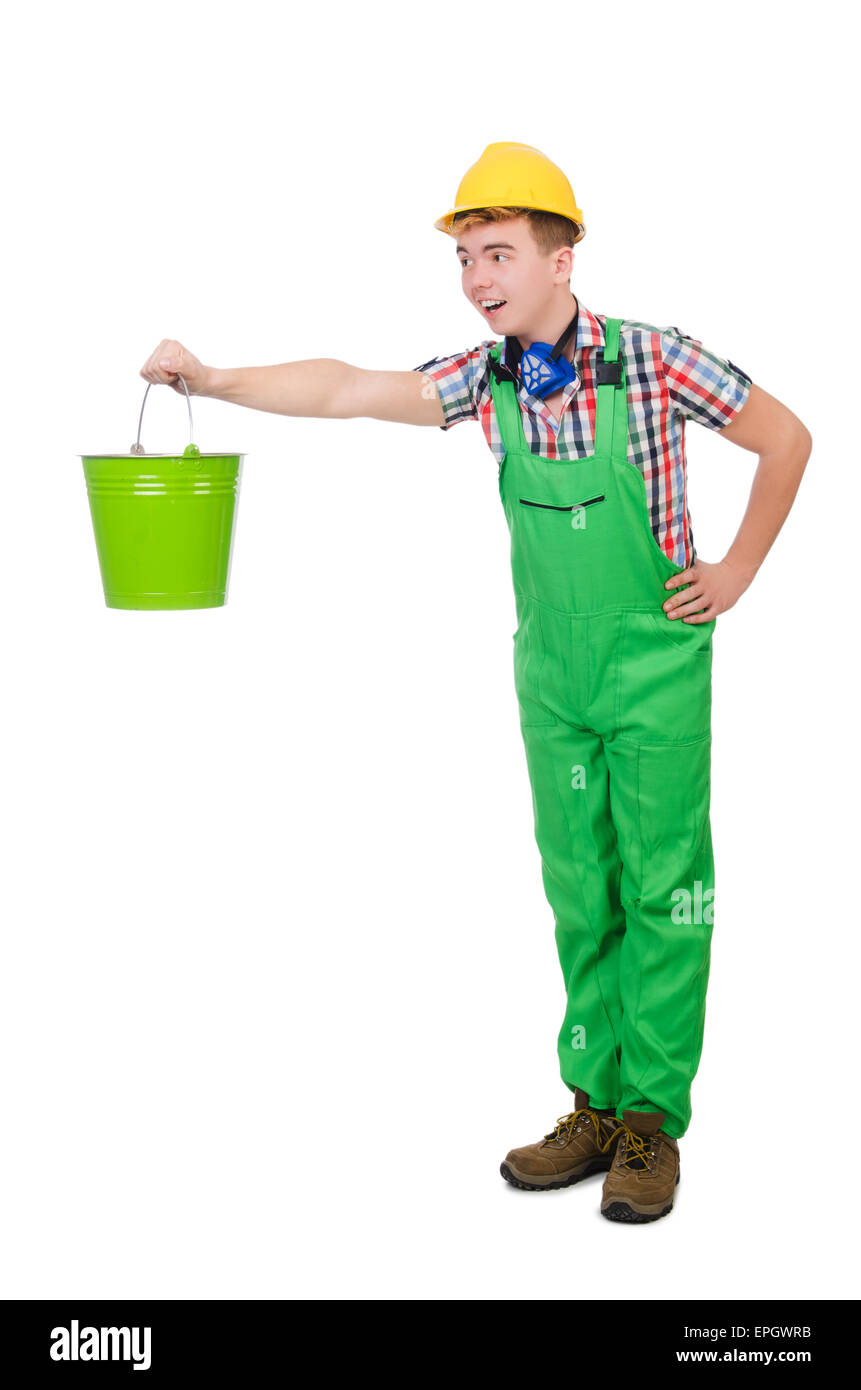 Funny painter with bucket isolated on white Stock Photo - Alamy