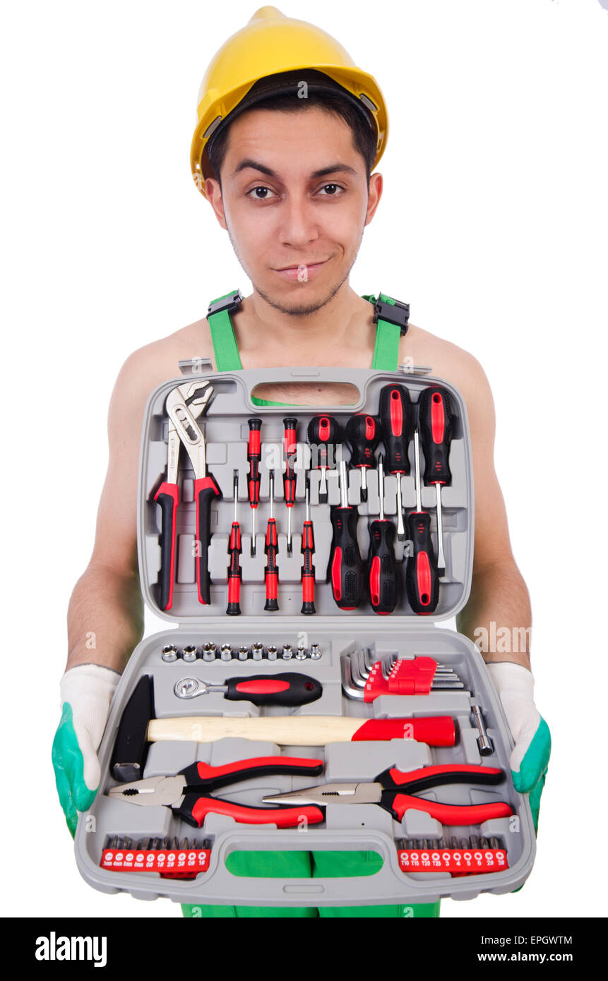 Man with toolkit isolated on the white Stock Photo - Alamy