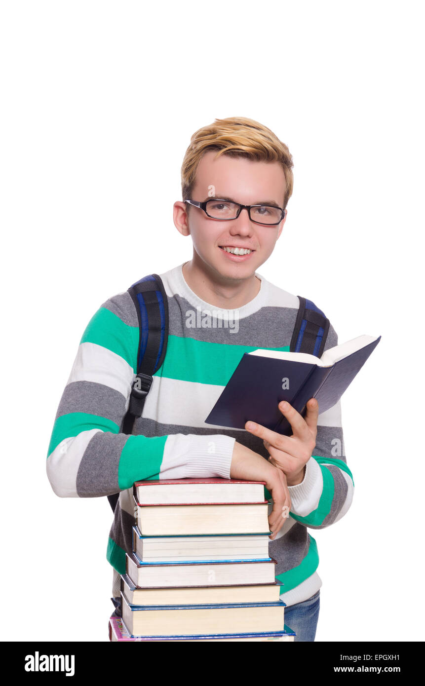 Funny student with stack of books Stock Photo - Alamy