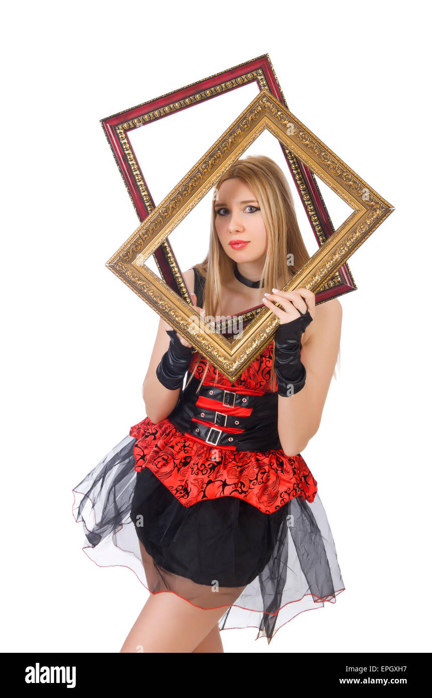 Woman holding picture frame isolated on white Stock Photo - Alamy