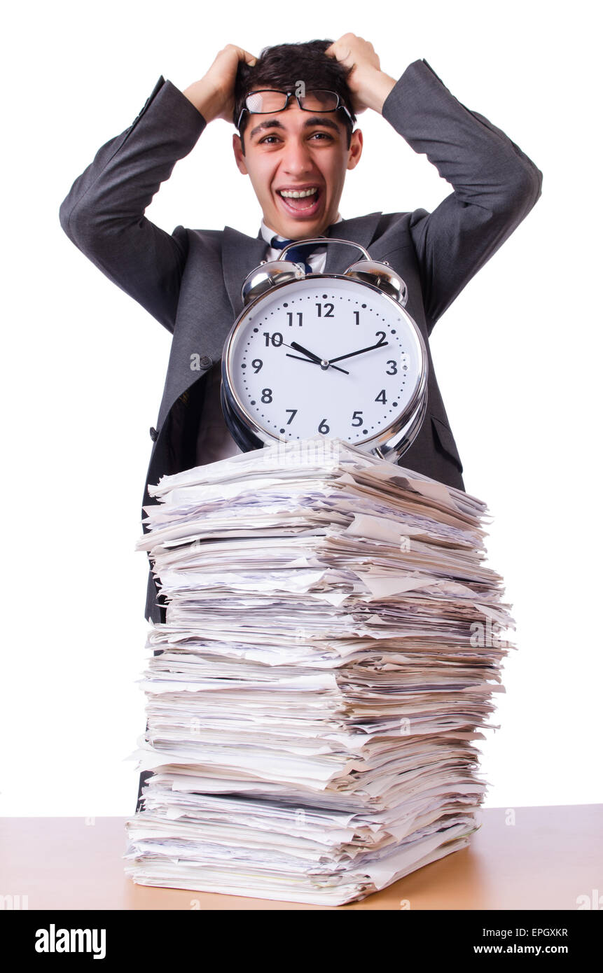 Busy man with stack of papers isolated on white Stock Photo - Alamy