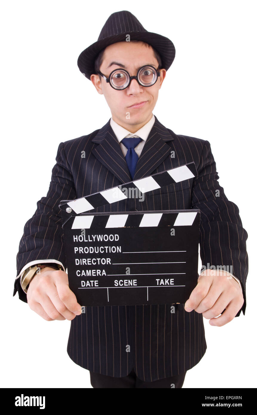 Funny man in elegant suit with movie clapboard isolated on white Stock ...