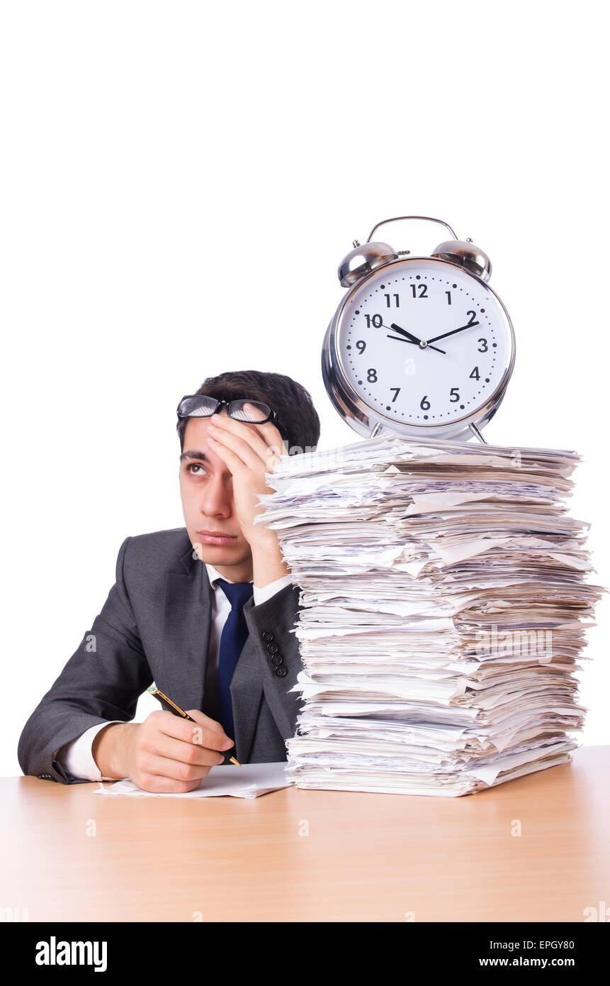 Busy man with stack of papers isolated on white Stock Photo - Alamy