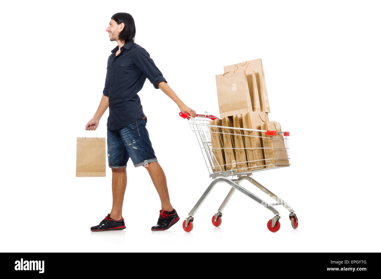 Man shopping with supermarket basket cart isolated on white Stock Photo ...
