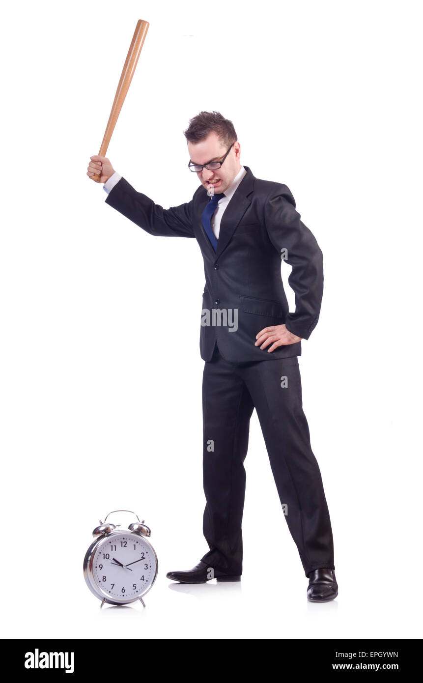 Man hitting the clock with baseball bat isolated on the white Stock ...
