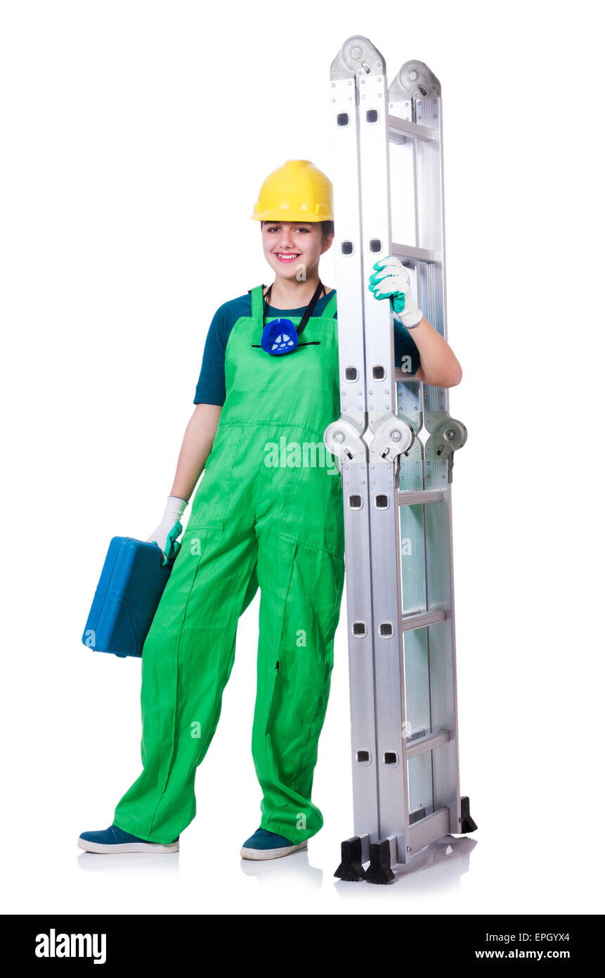 Female construction worker with toolkit and ladder Stock Photo - Alamy