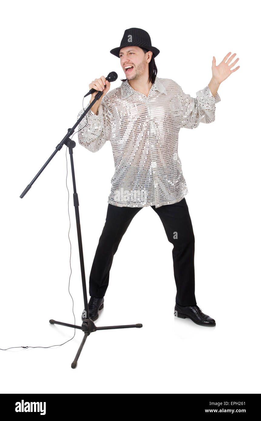 Man with mic isolated on white Stock Photo - Alamy