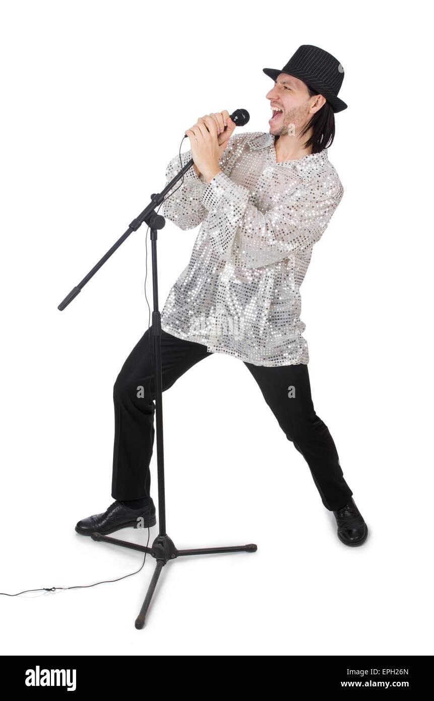 Man with mic isolated on white Stock Photo - Alamy