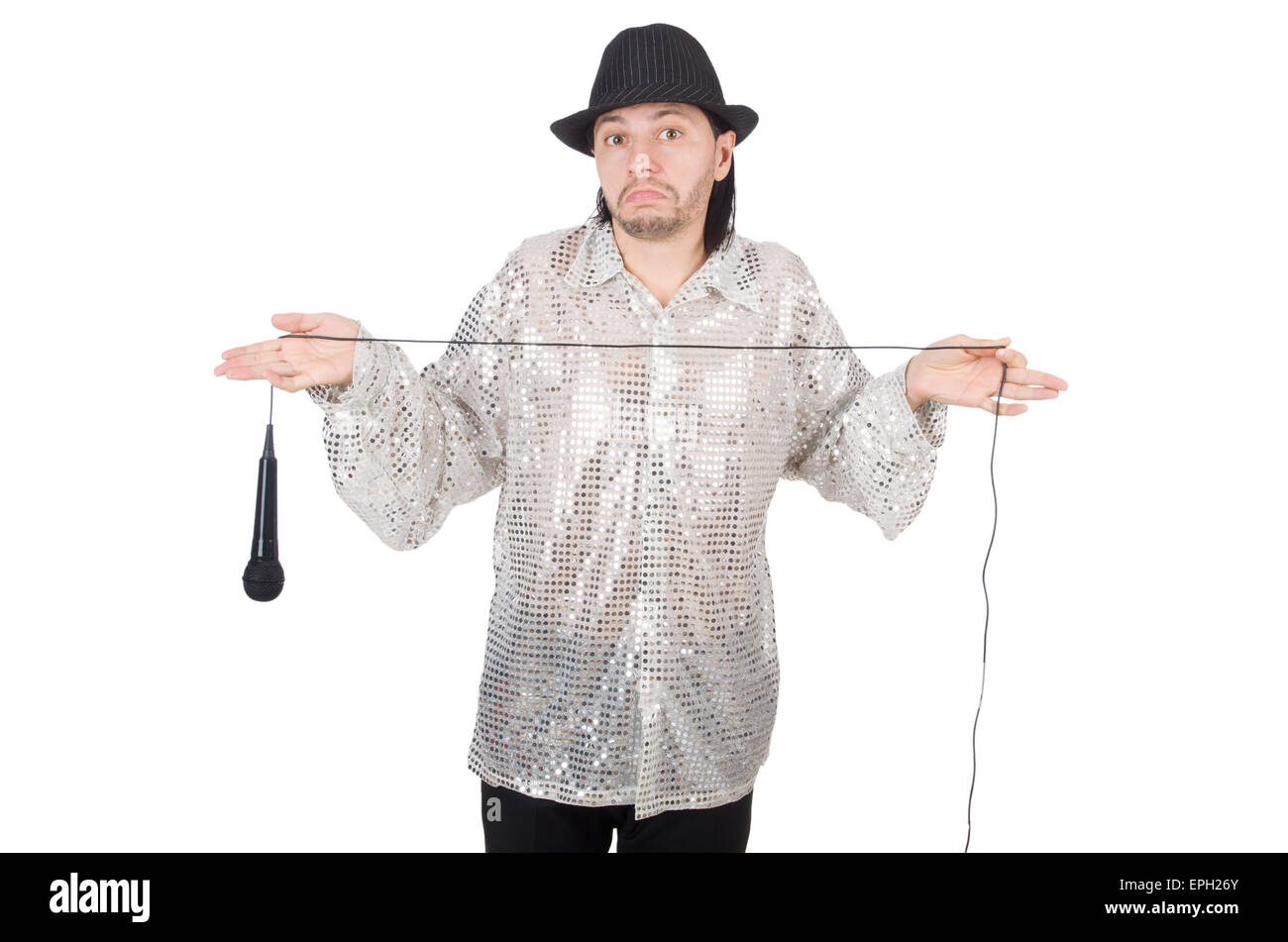 Man with mic isolated on white Stock Photo - Alamy