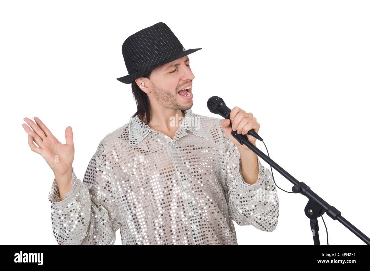 Man with mic isolated on white Stock Photo - Alamy