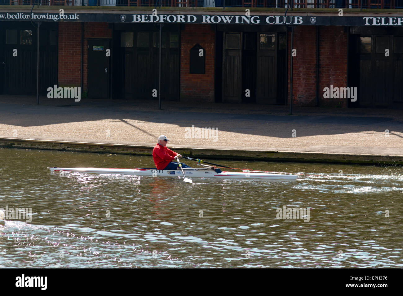 Man learning how to scull in River Ouse outside Bedford Rowing Club in ...