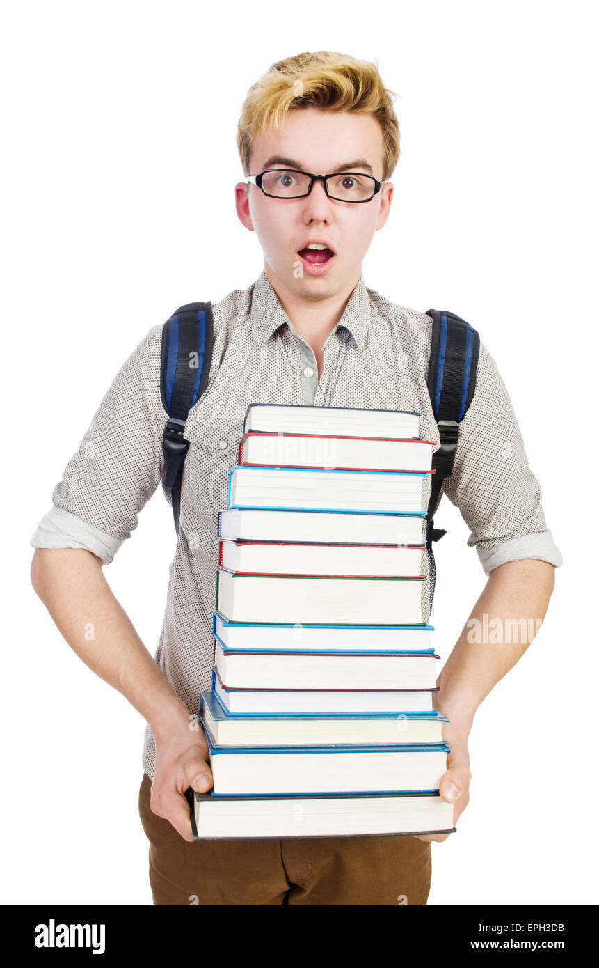 Funny student with stack of books Stock Photo - Alamy