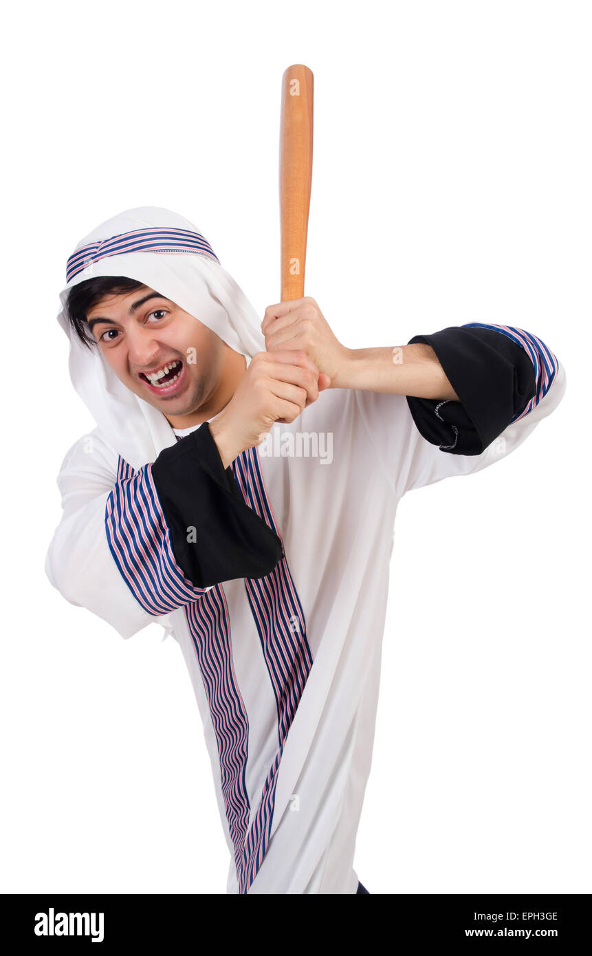 Arab man hitting with baseball bat isolated on white Stock Photo - Alamy