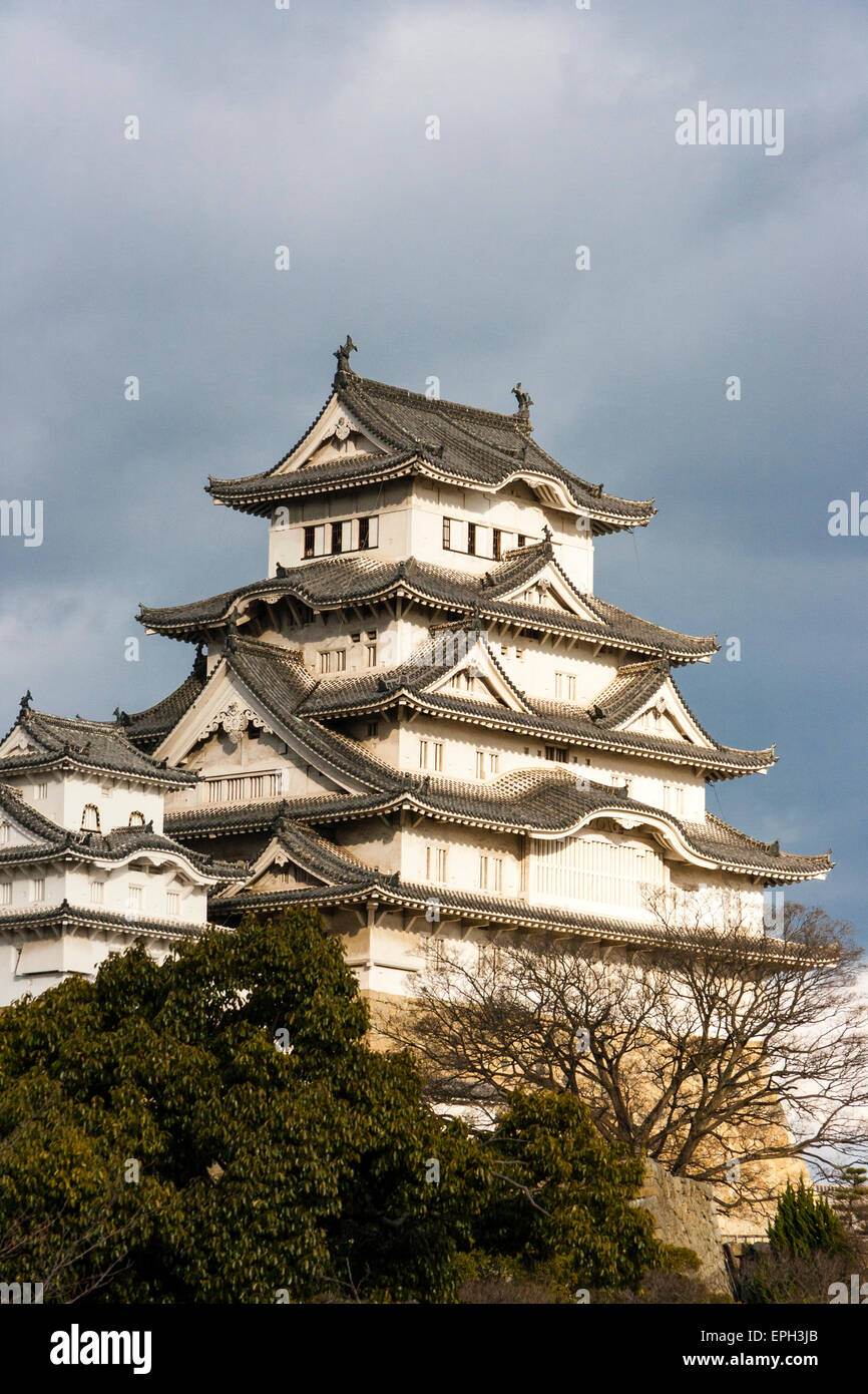 The main keep of the Japanese castle Himeji with very dark stormy ...