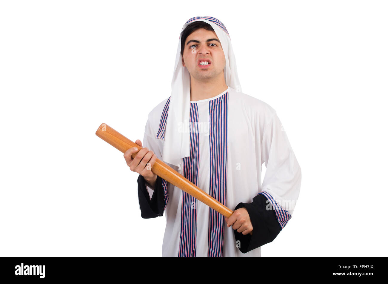 Arab man hitting with baseball bat isolated on white Stock Photo - Alamy