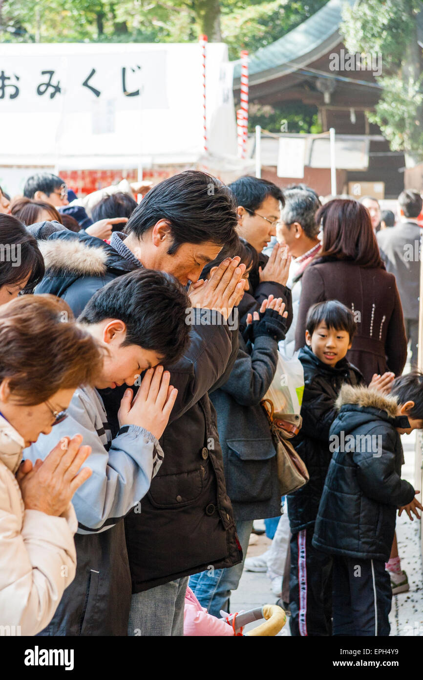New year in Japan. Many people in front of the main stage of the hall ...