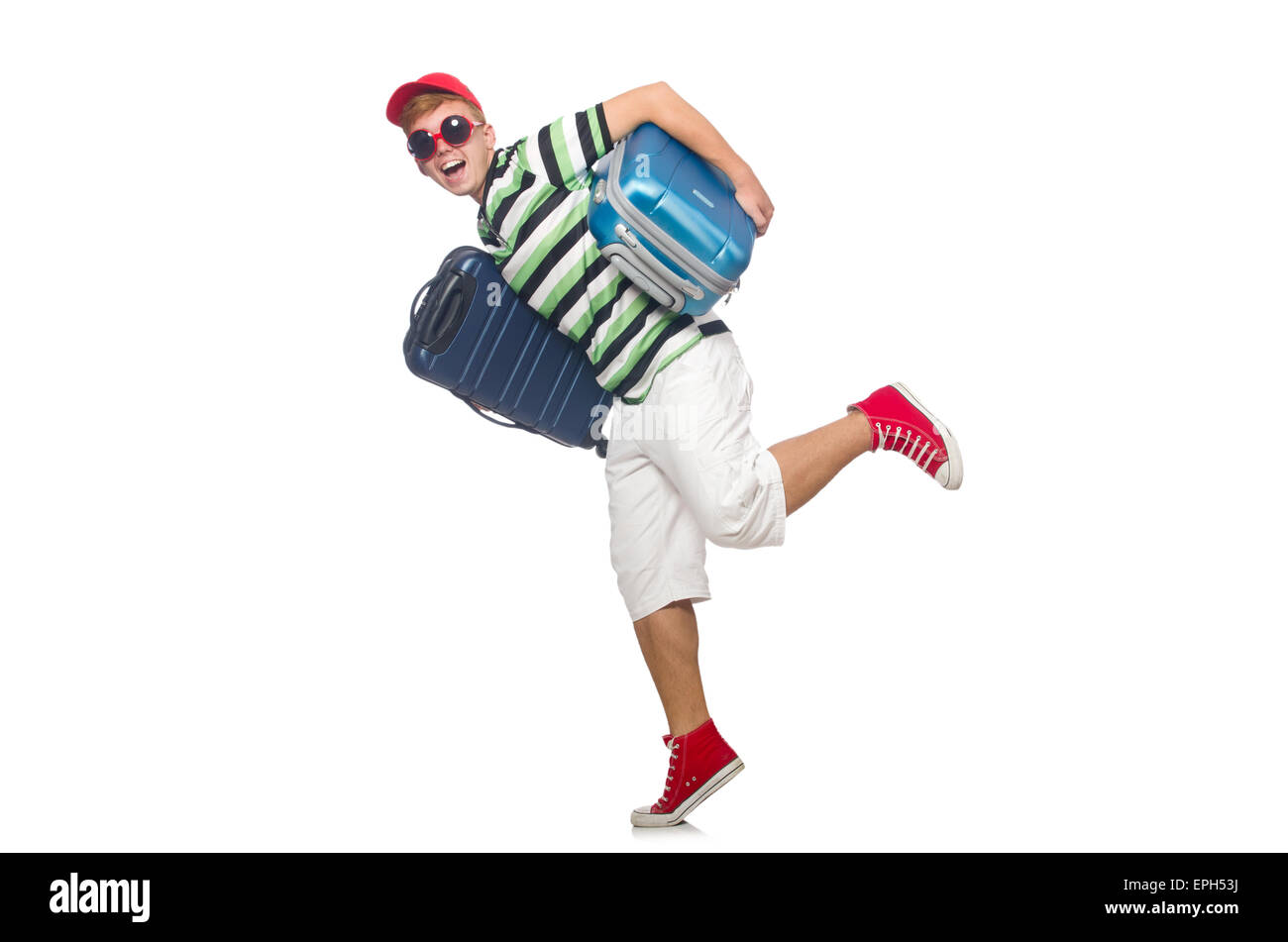 Funny man with suitcase isolated on white Stock Photo - Alamy