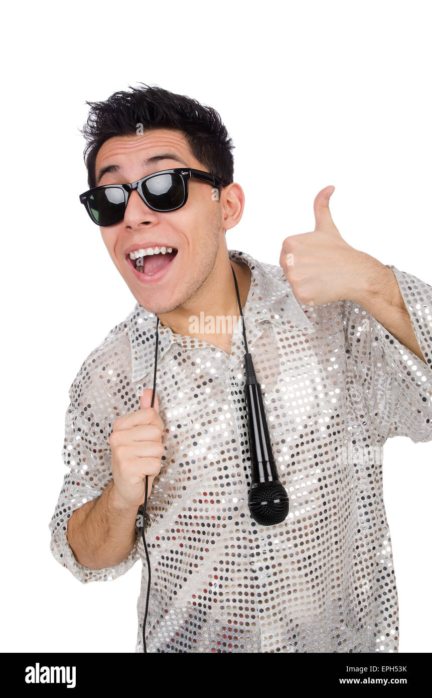 Man with mic isolated on white Stock Photo - Alamy