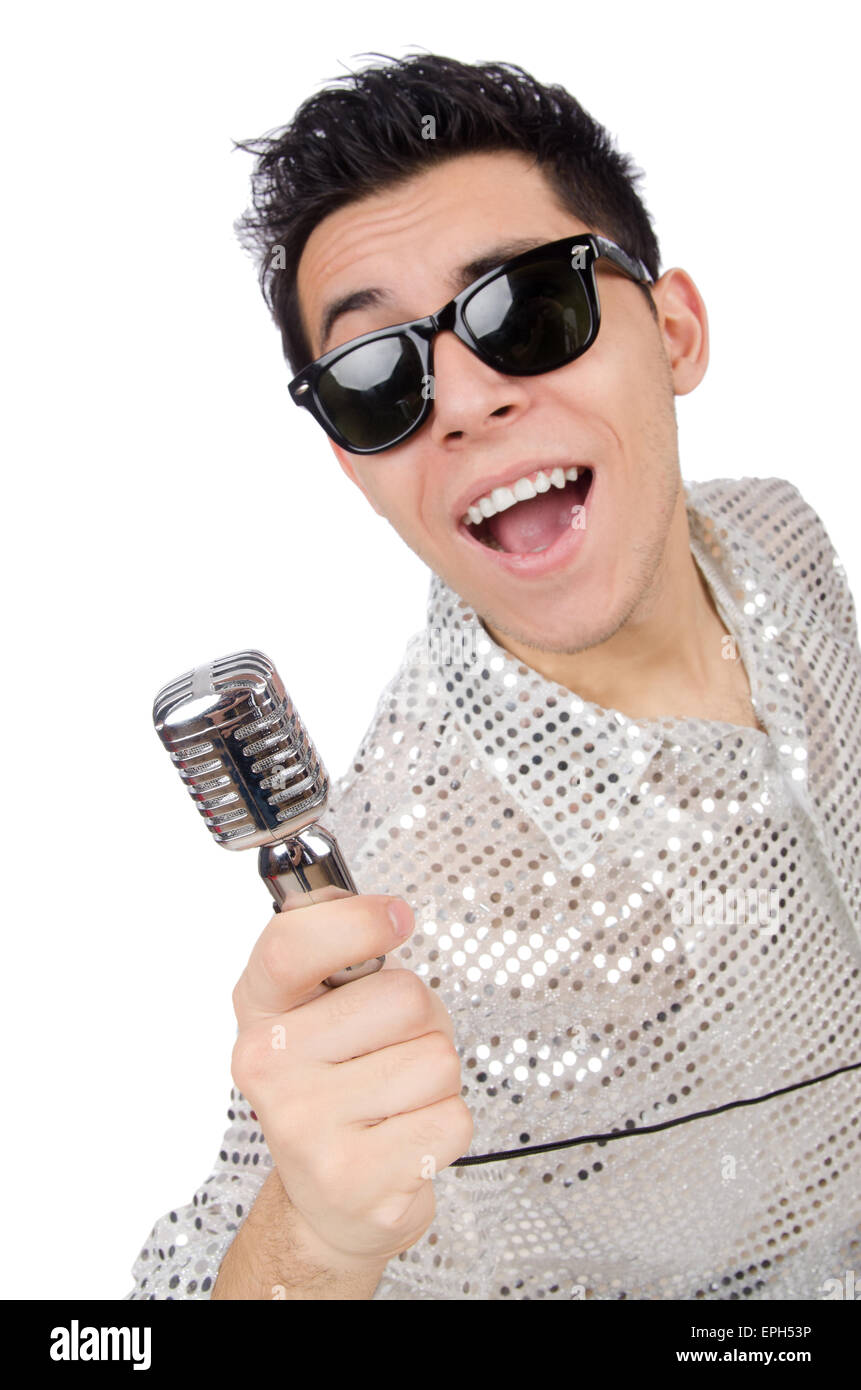 Man with mic isolated on white Stock Photo - Alamy