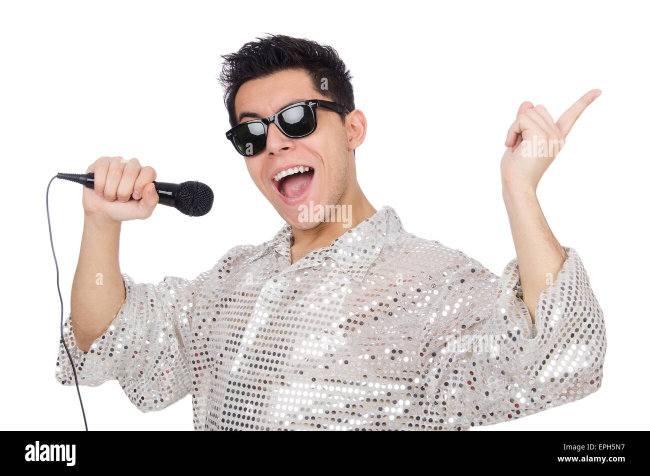 Man with mic isolated on white Stock Photo - Alamy