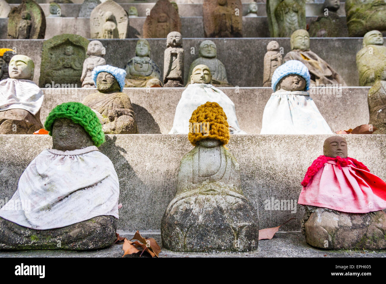 Stone steps with many Jizo bosatsu statues on. the small Japanese ...