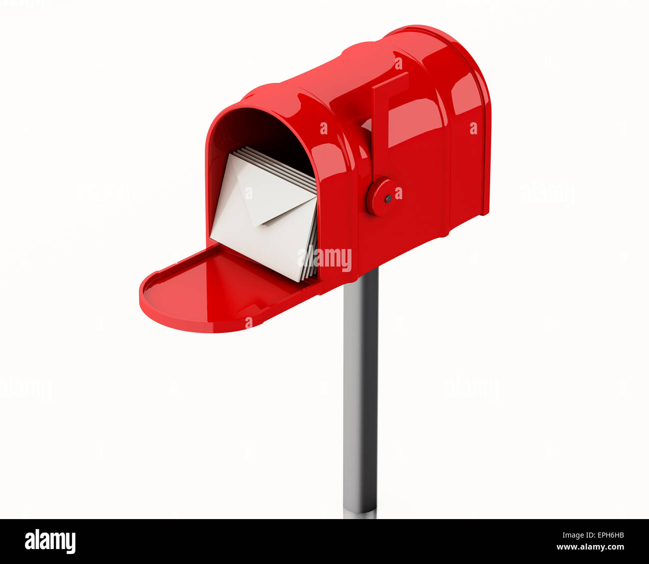3d illustration. Red mail box with heap of letters. Isolated white ...