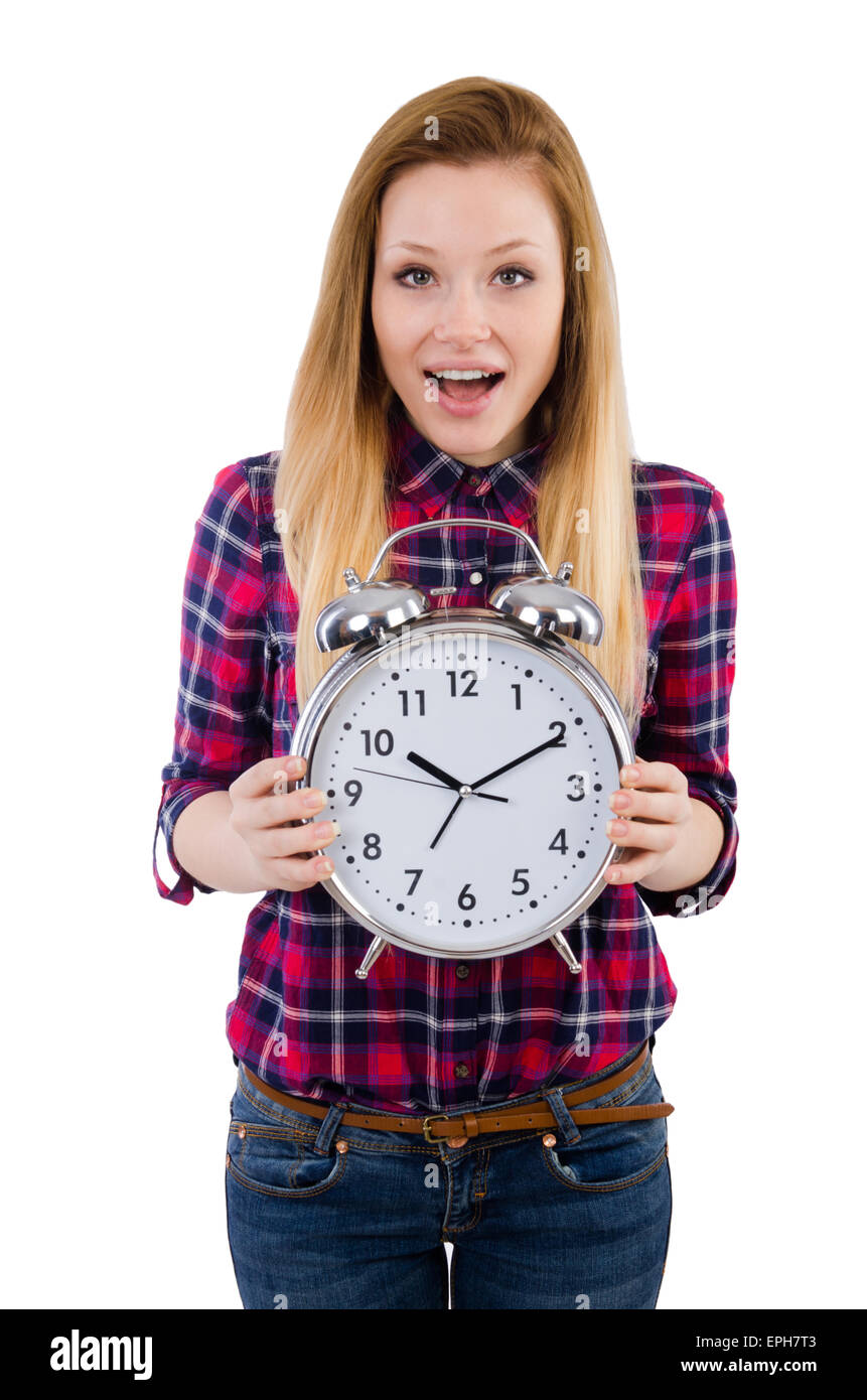 Woman with clock isolated on white Stock Photo - Alamy
