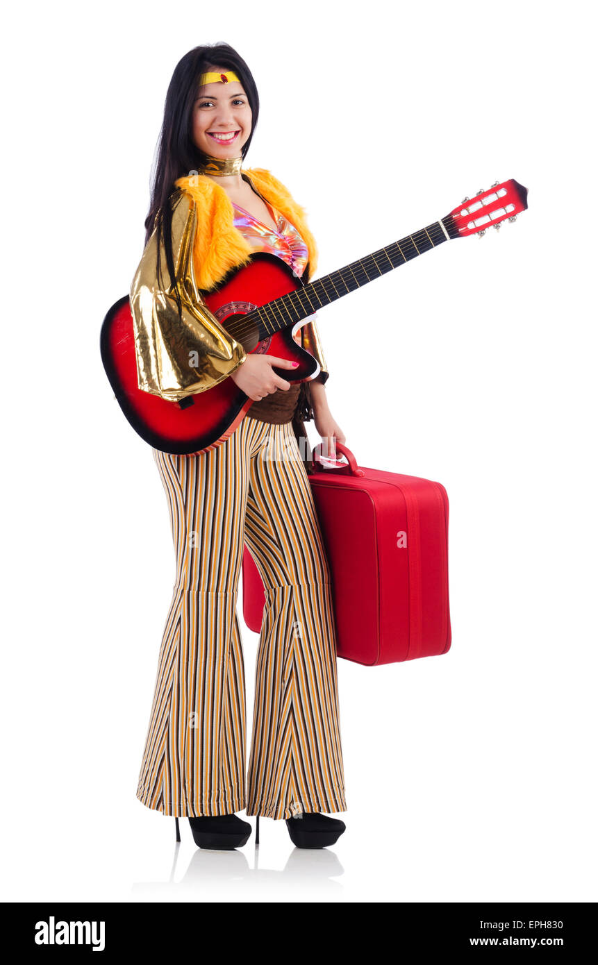 Travelling musician with suitcase and guitar Stock Photo - Alamy