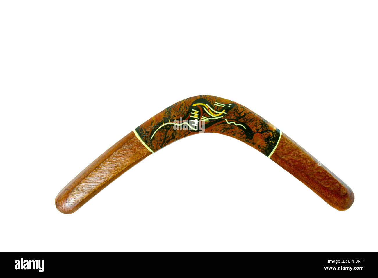 Wooden boomerang painted with aborigine art on white background Stock ...