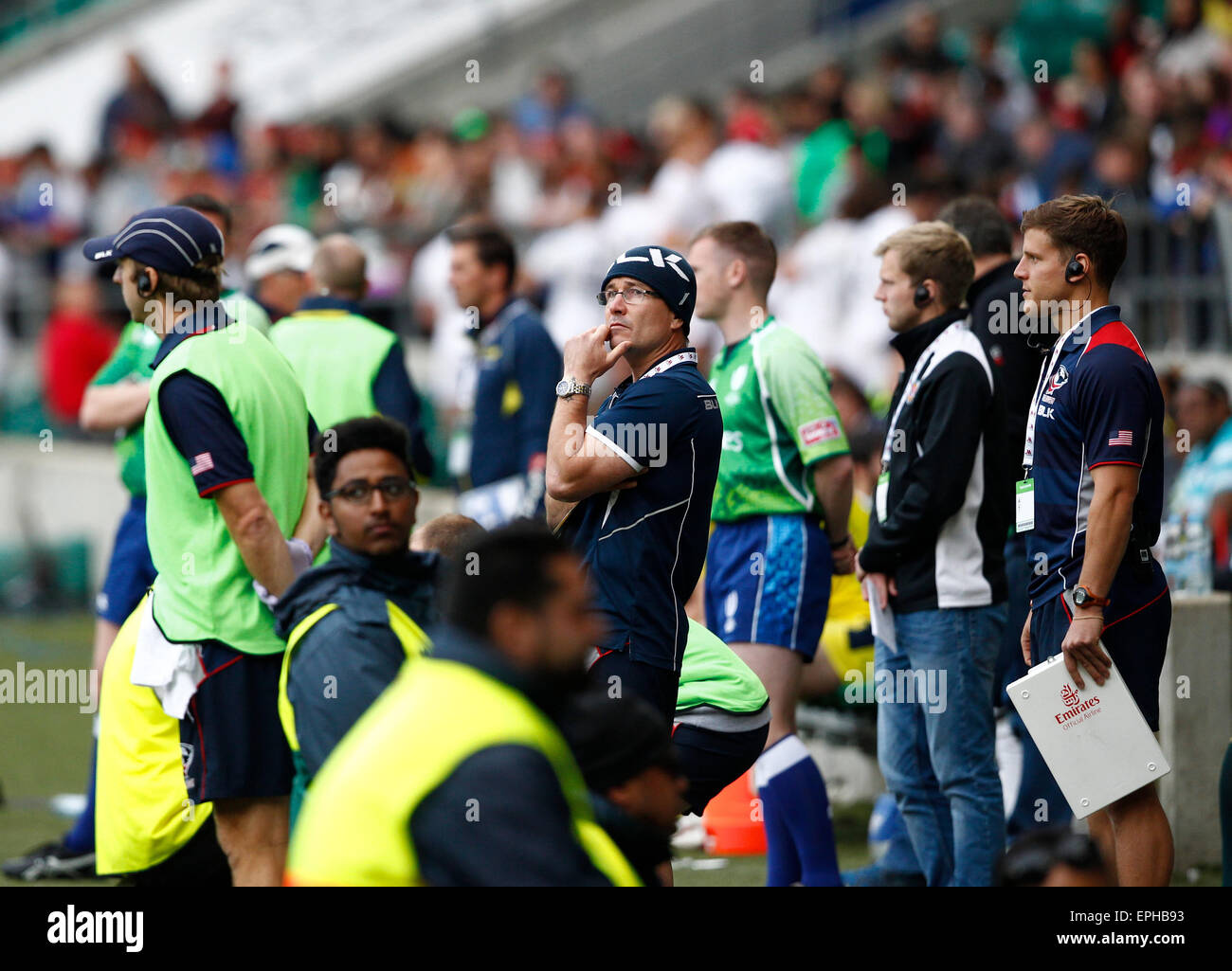 Twickenham, London UK. 17th May, 2015. Mike Friday, coach of USA, looks ...