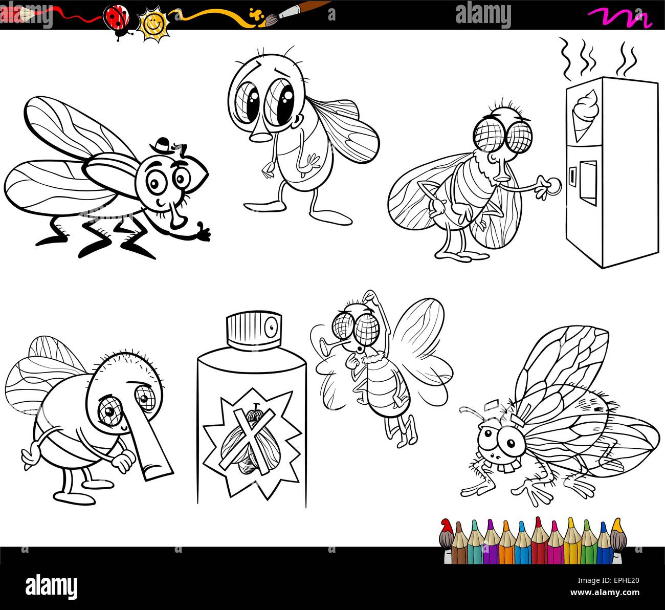 Coloring Book Cartoon Illustration Set of Flies Insect Characters Stock ...