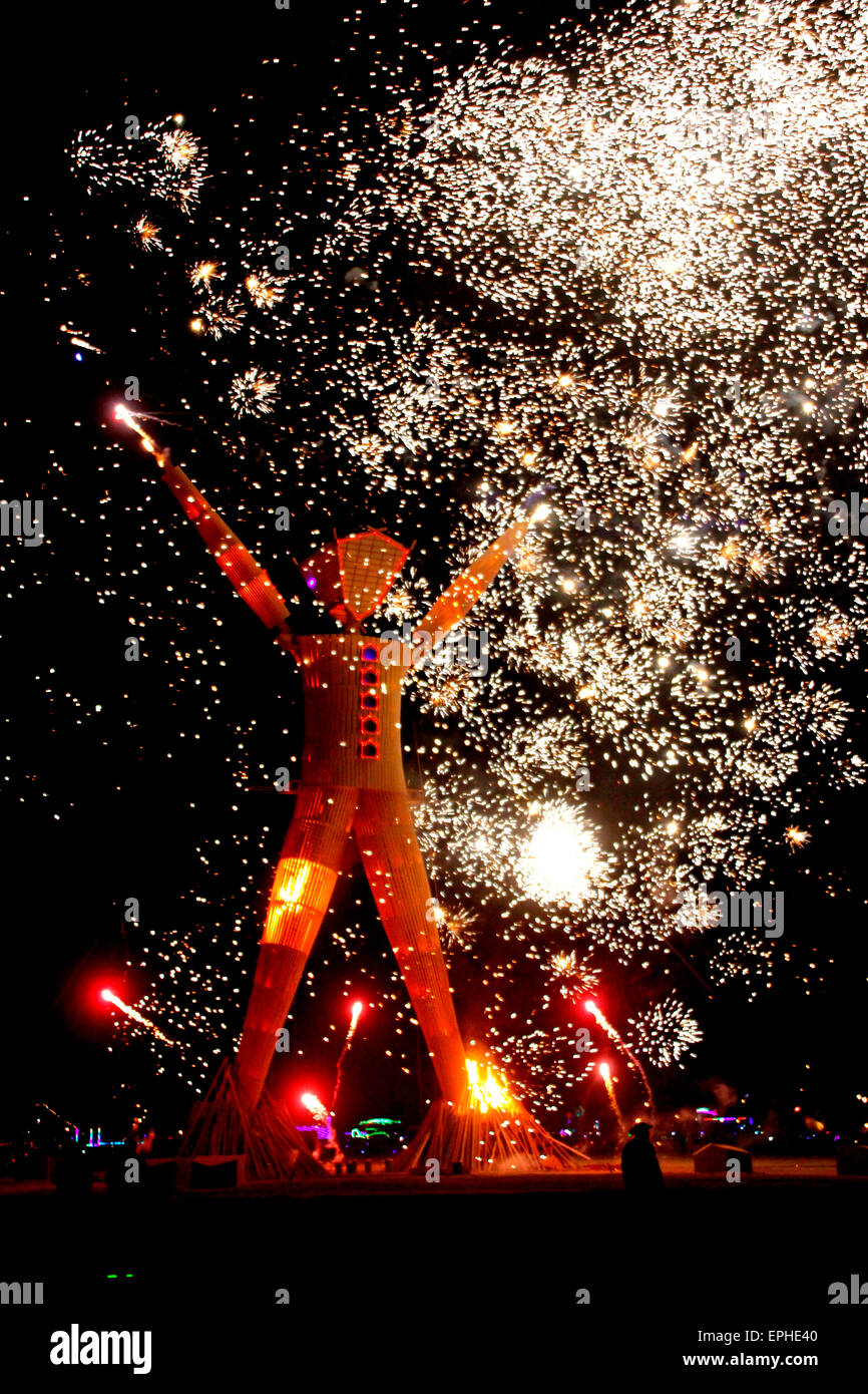 The art installation Burning Man is set on fire on the playa at the ...