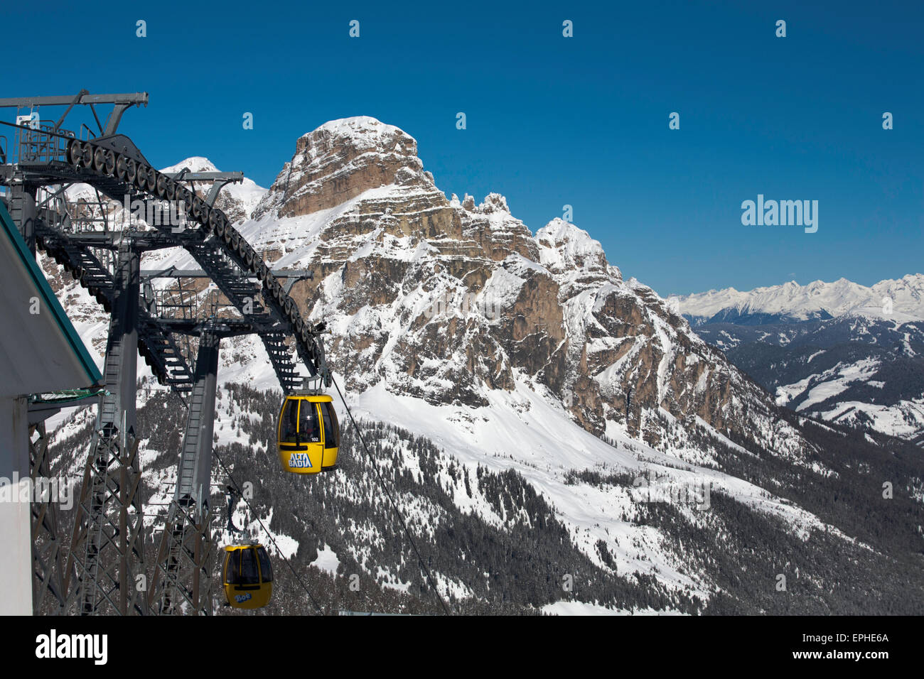 The Boe cable car above Corvara winter Alta Badia Dolomites Italy Stock ...
