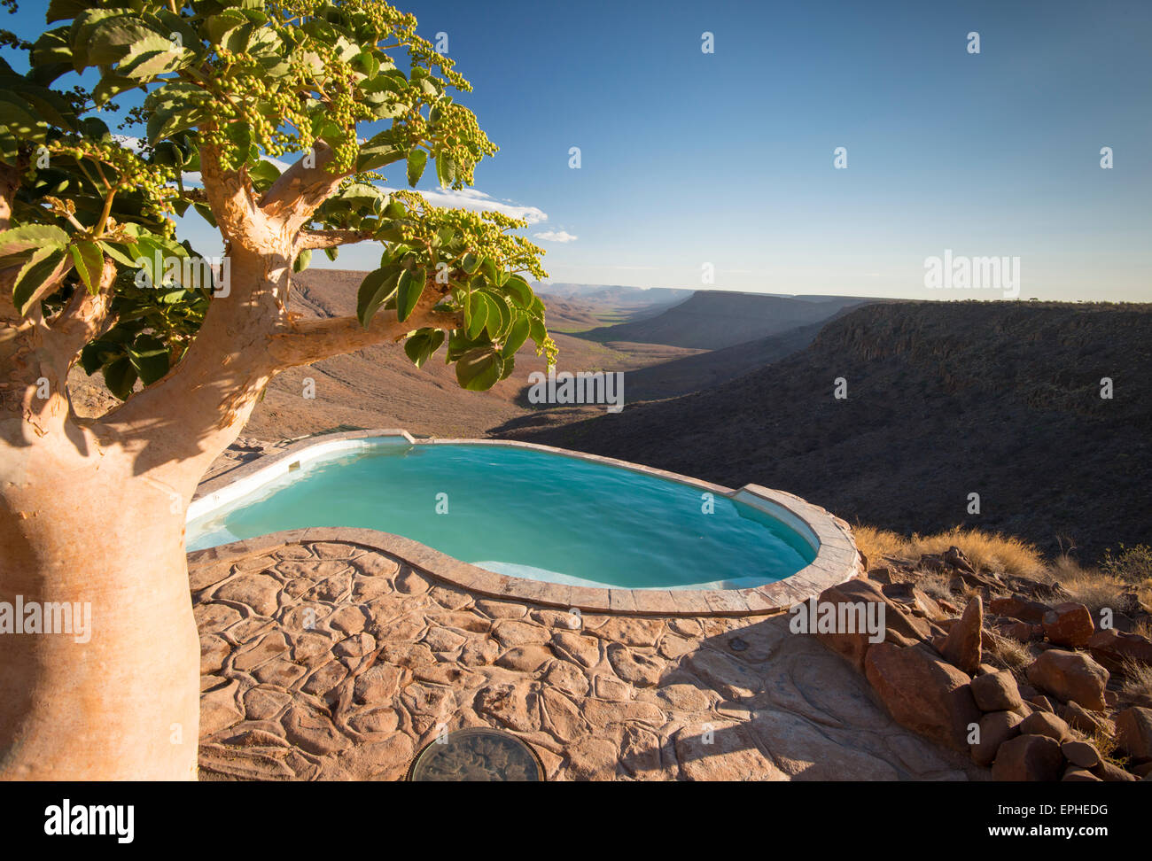 Africa, Namibia. Grootberg Lodge. Tree accenting pool scene Stock Photo ...