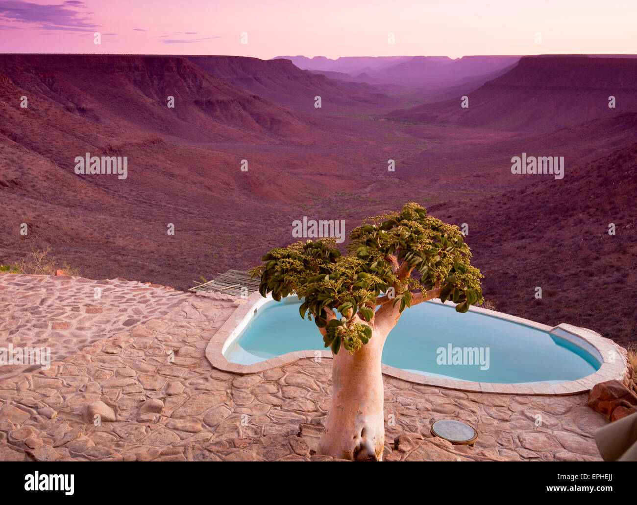 Africa, Namibia. Grootberg Lodge. Tree and pool with view of canyon ...