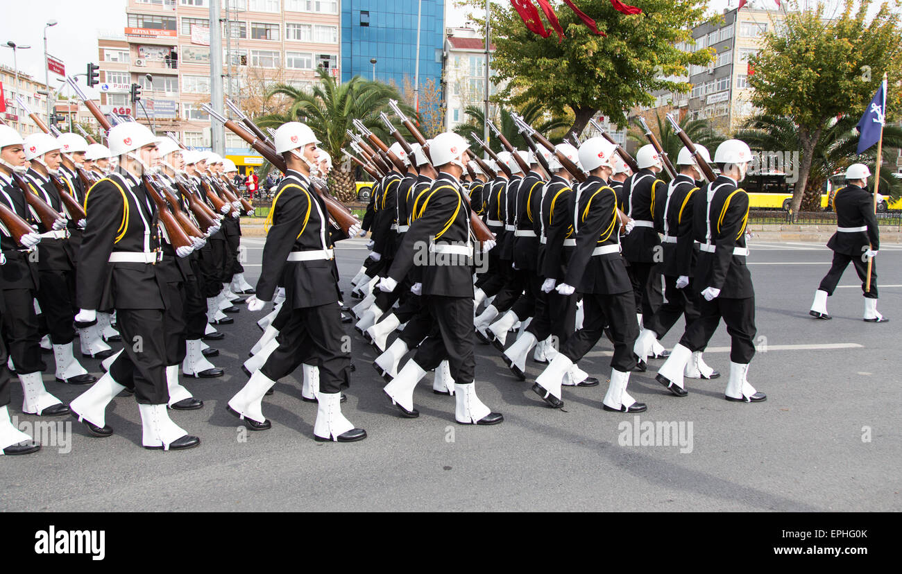 ISTANBUL, TURKEY - OCTOBER 29, 2014: Soldiers march in Vatan Avenue ...