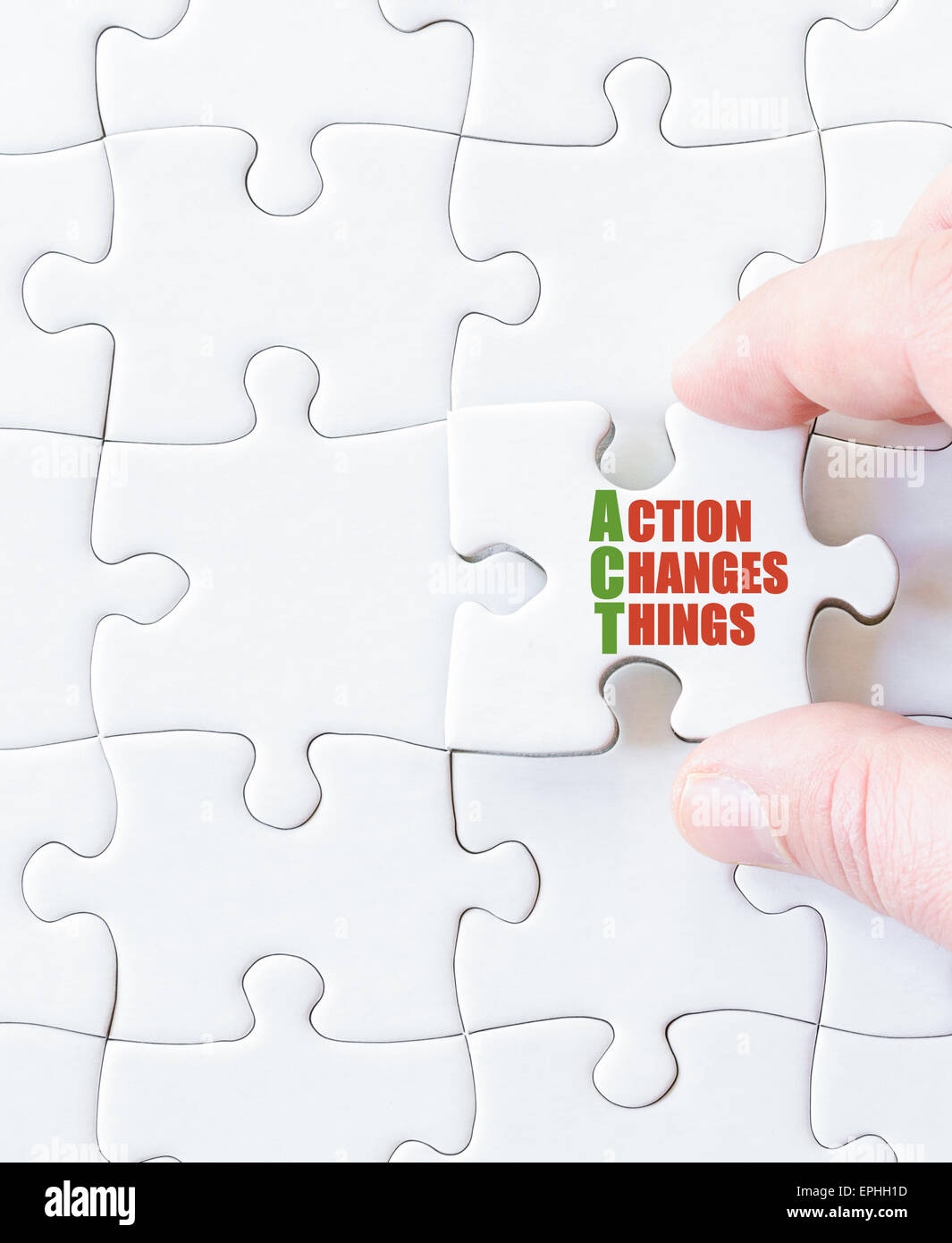 Missing jigsaw puzzle piece with words ACTION CHANGES THINGS. Business ...