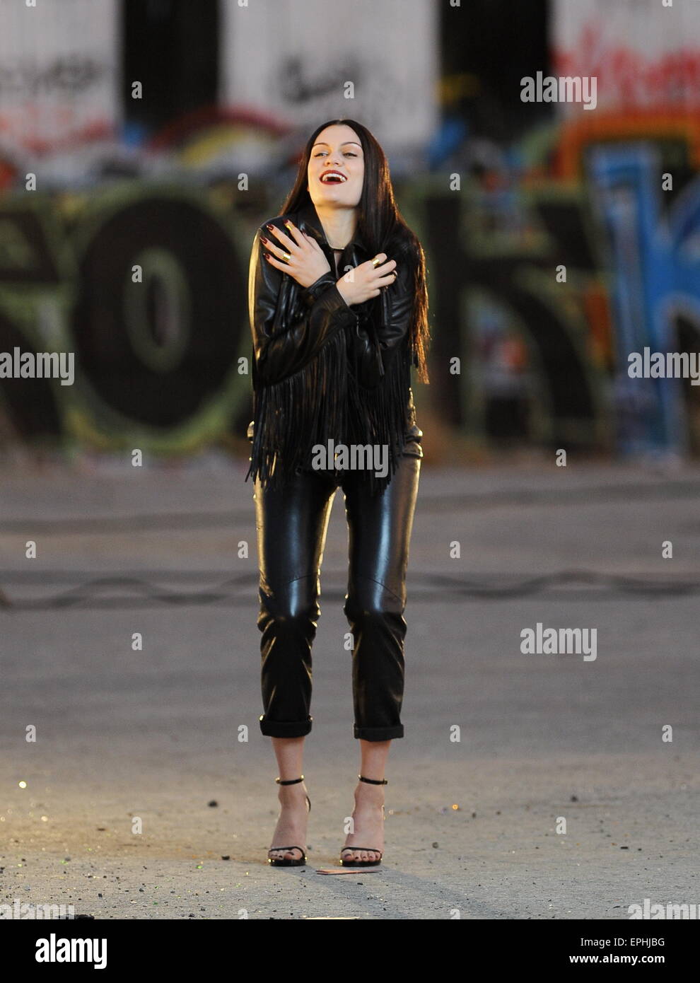 UK singer Jesse J wearing all black leather for her latest music video ...