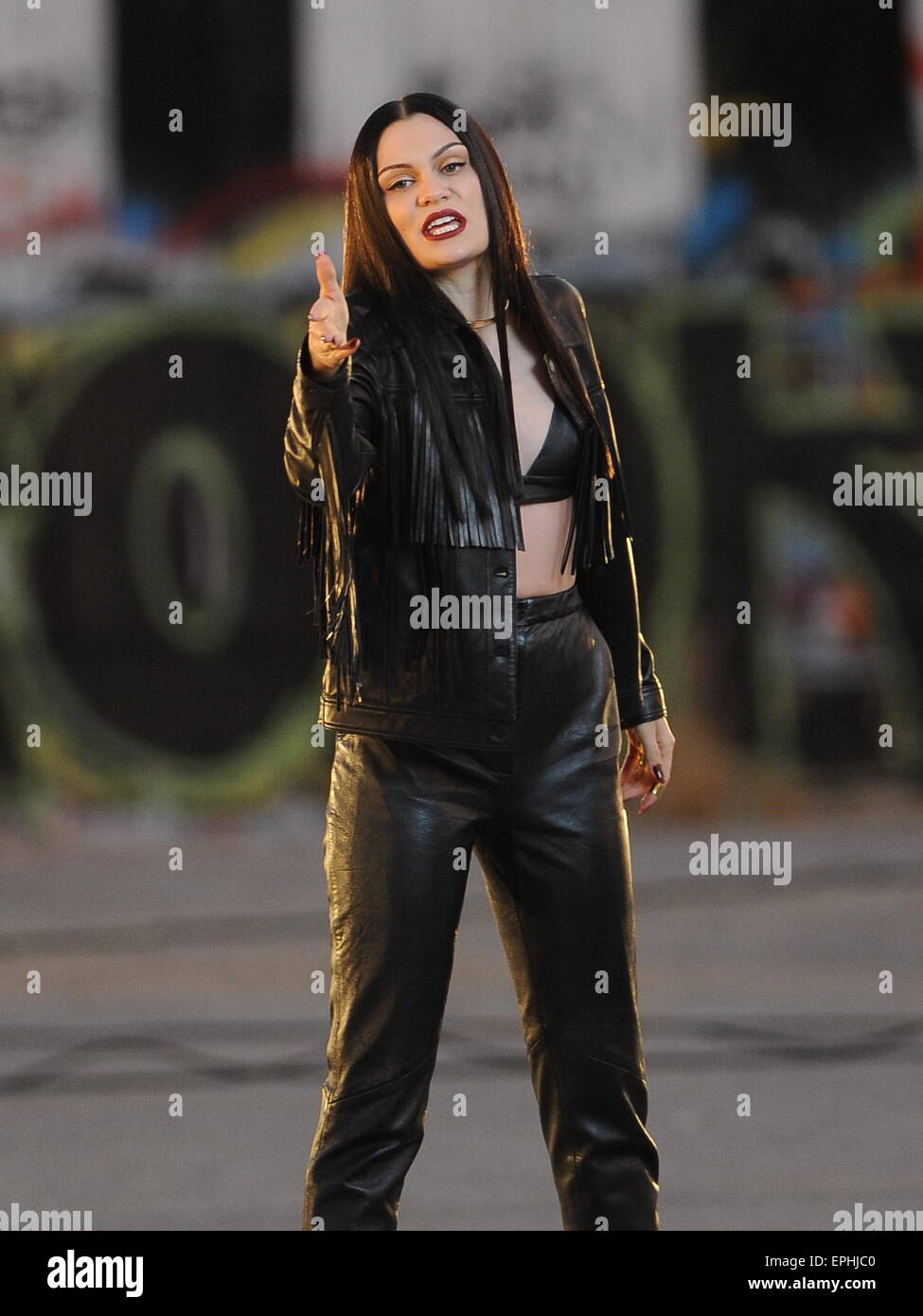 UK singer Jesse J wearing all black leather for her latest music video ...