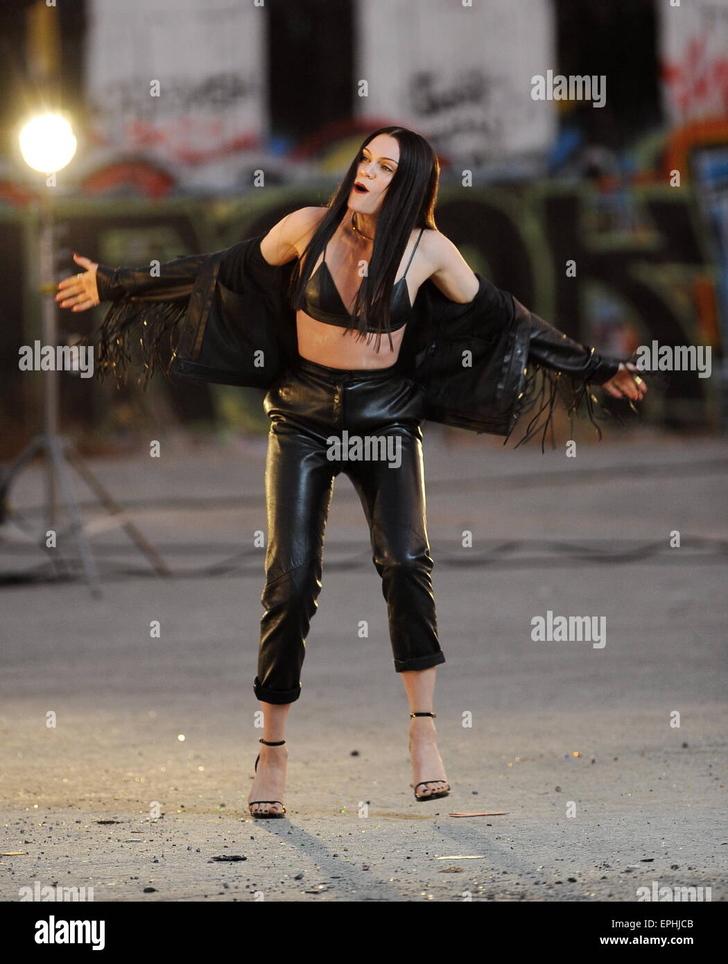 UK singer Jesse J wearing all black leather for her latest music video ...