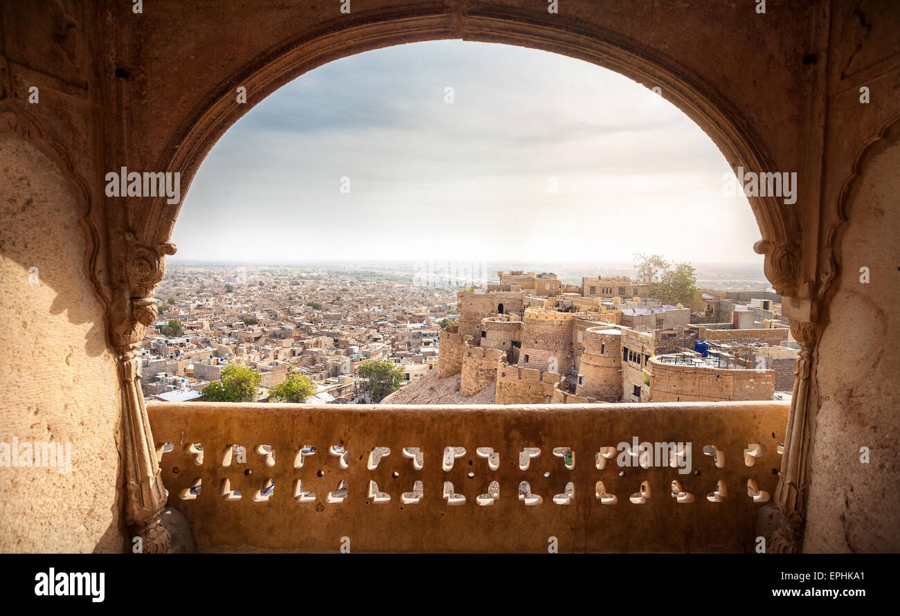 Town and fort view from the window in City Palace museum of Jaisalmer ...