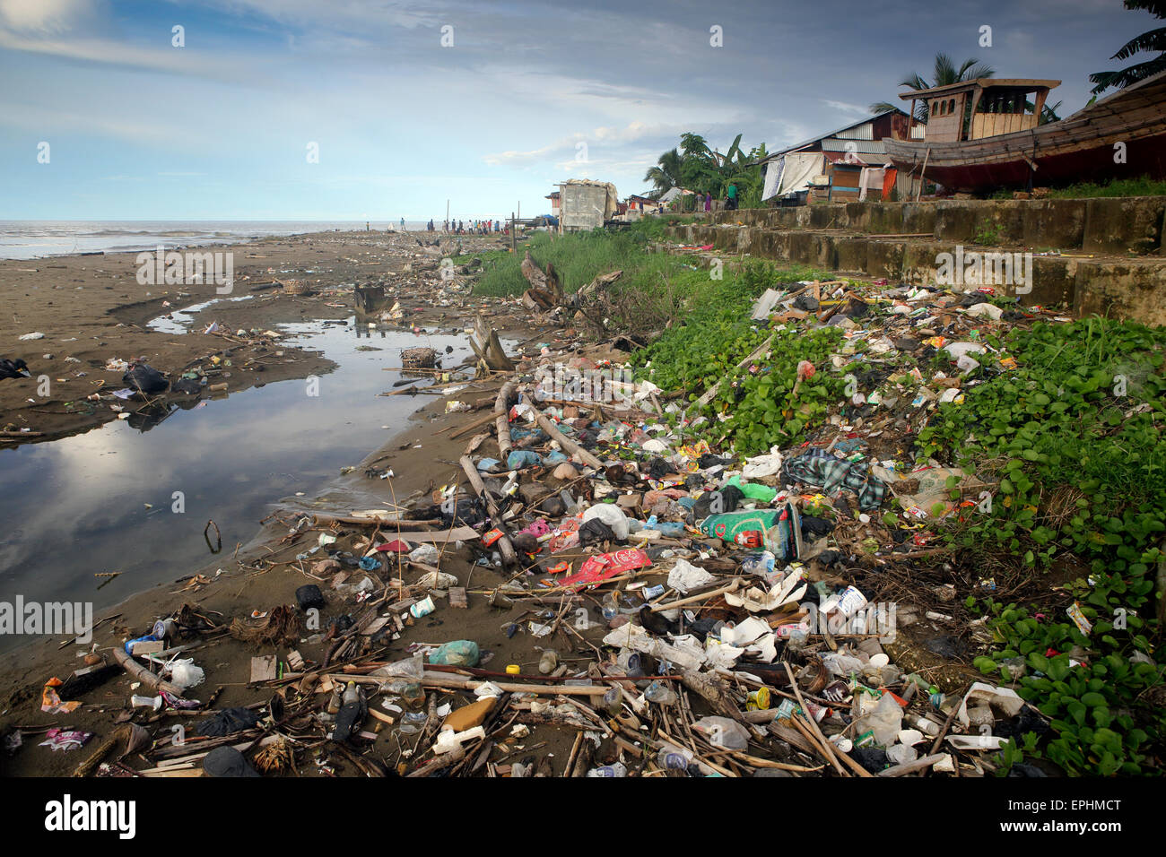 Plastic trash and other garbage on urban beach in Sumatra, Indonesia ...