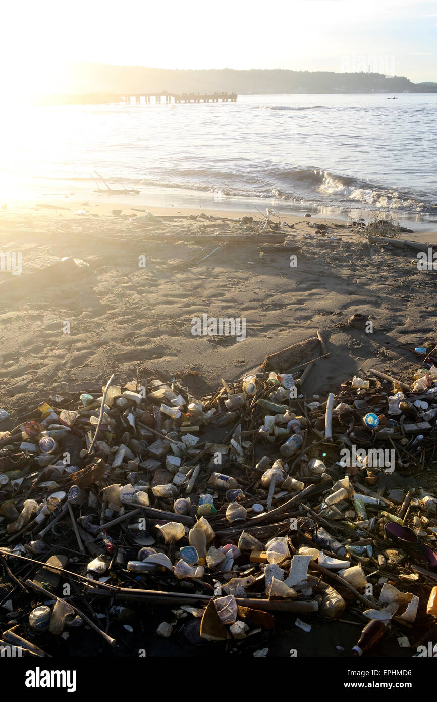Plastic trash and other garbage on urban beach in Sumatra, Indonesia ...