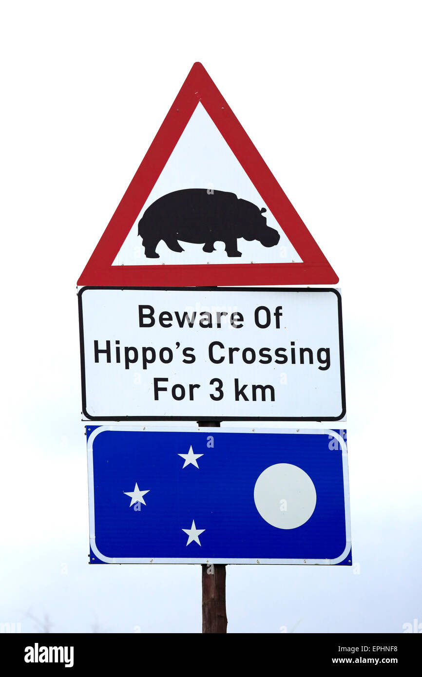 Warning sign, hippos crosssing, Saint Lucia, iSimangaliso Wetland Park ...