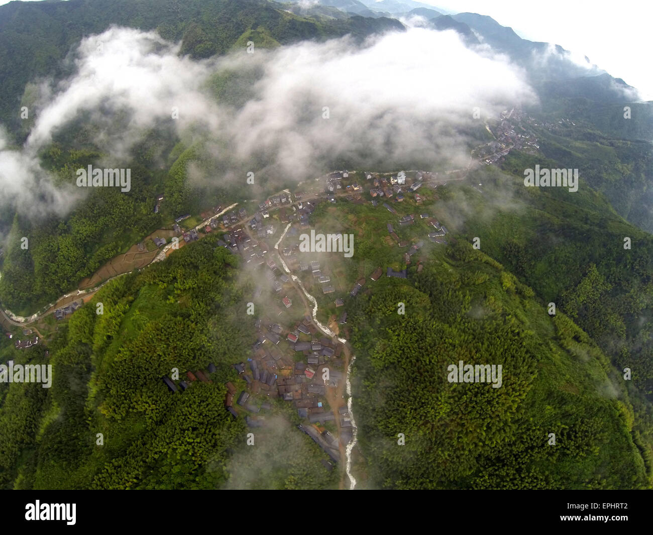 Aerial view of Miaoyuan village landscape in Jiuhua town, Quzhou city ...