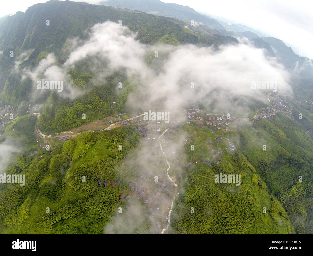 Aerial view of Miaoyuan village landscape in Jiuhua town, Quzhou city ...